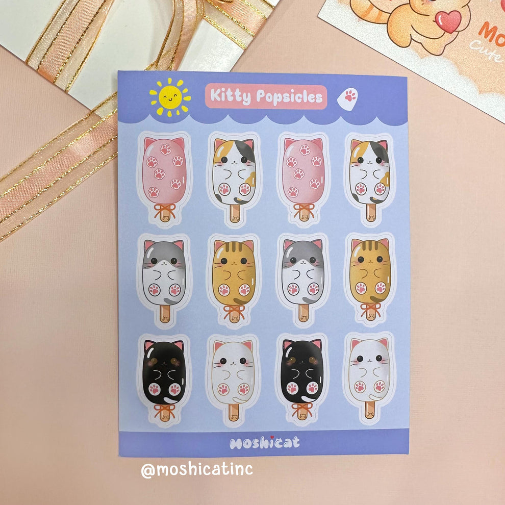 Moshicat cute kitty popsicles waterproof glitter sticker sheet