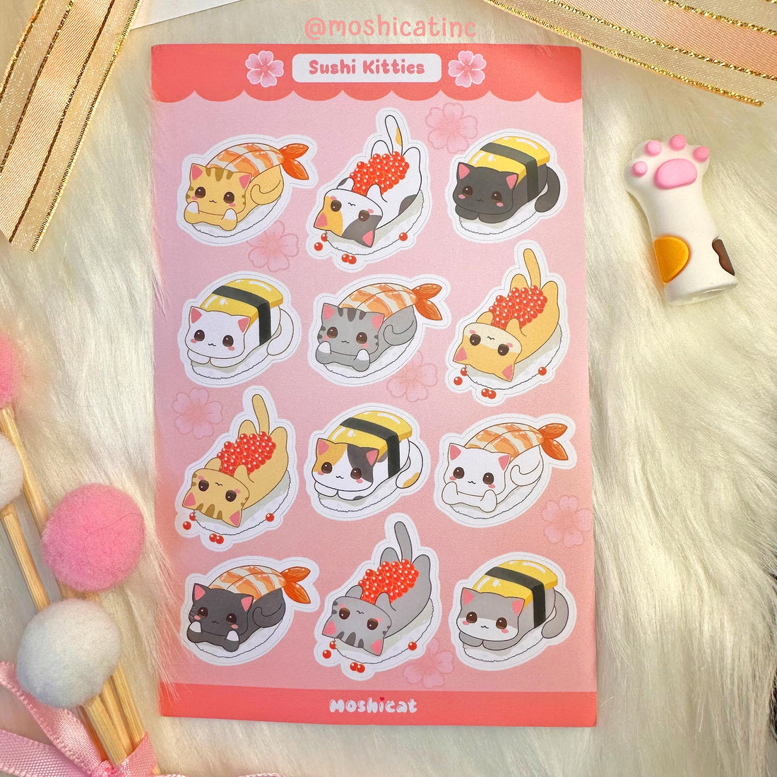 Moshicat cute sushi cat glitter waterproof tearproof sticker sheet